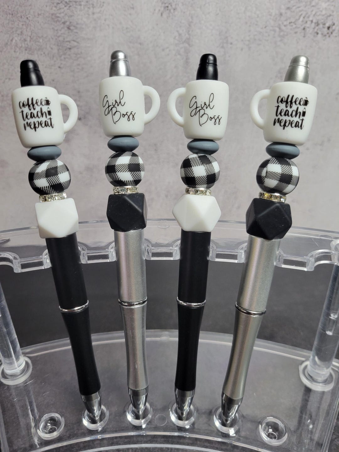 Teacher Girl Boss Coffee Beaded Pens - Black White Plaid - Teacher ...