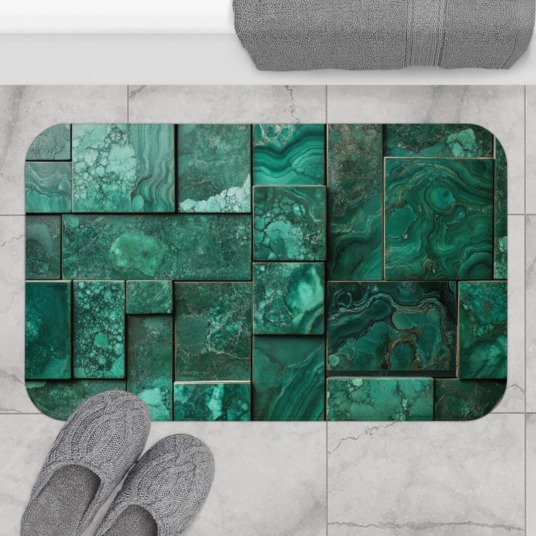 Bath Mat - Elegant Green Malachite Tiles, Geometric Pattern, Luxurious ...