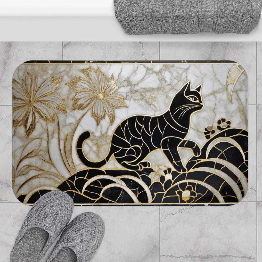 Artdeco Cat Bath Mat, Glamorous Bathroom Decor, Festive Washroom Rug ...