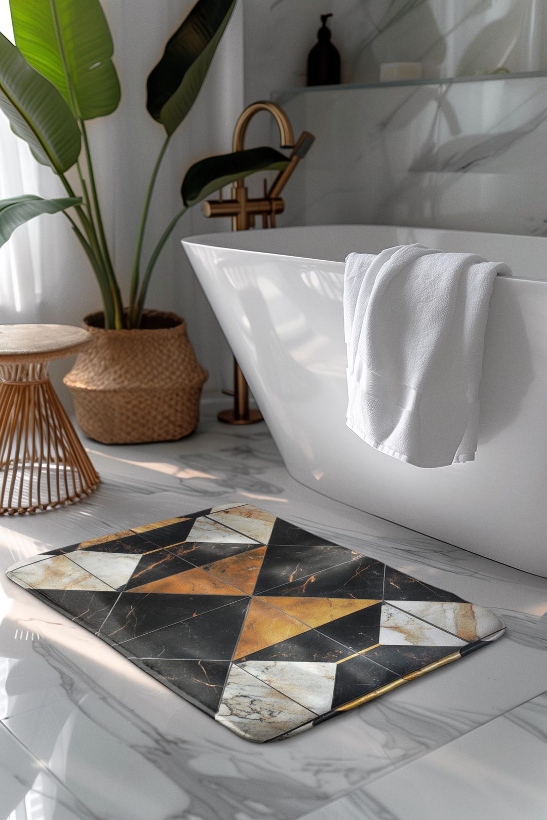 Art Deco Bath Mat - Elegant Black Onyx & White Marble Geometric Tiles ...