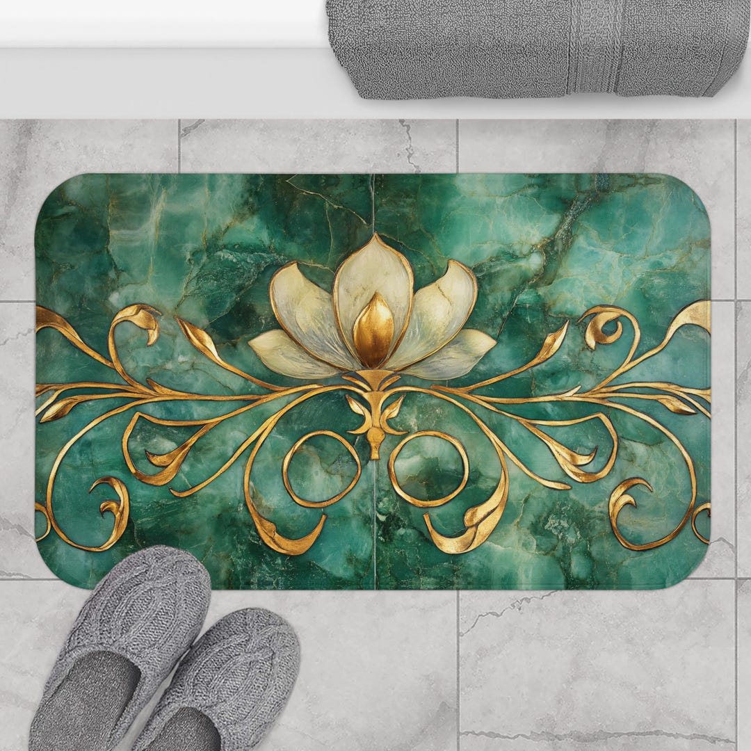 Green Art Deco Bath Mat: Marble Motif, Memory Foam - Glam Bathroom ...