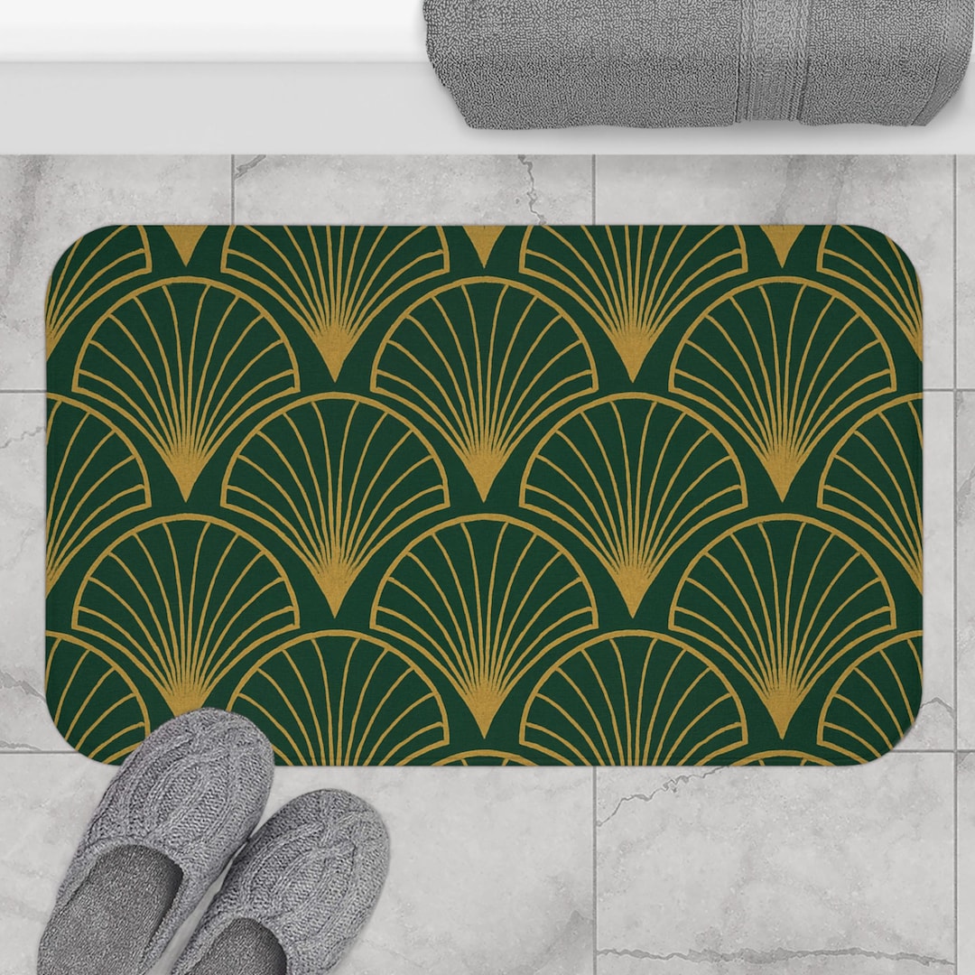 Green Art Deco Bath Mat - Non-slip Microfiber, Fast Dry, Water ...