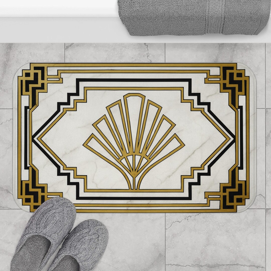 Art Deco Bath Mat – White Marble, Gold & Black, Non-slip Microfiber - Etsy