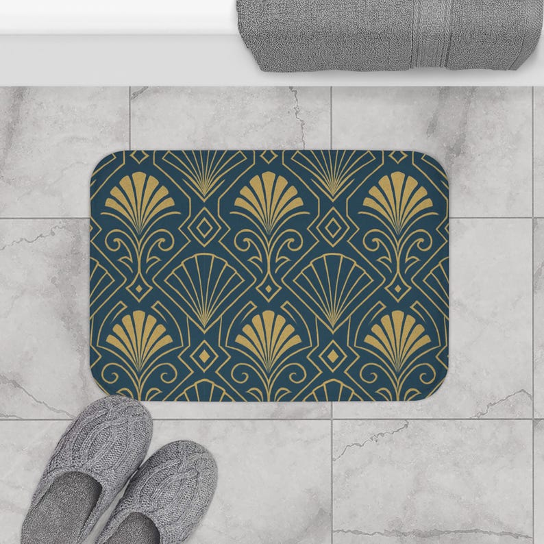 Art Deco Bath Mat, Blue Gold Pattern, Memory Foam Rug - Etsy Portugal