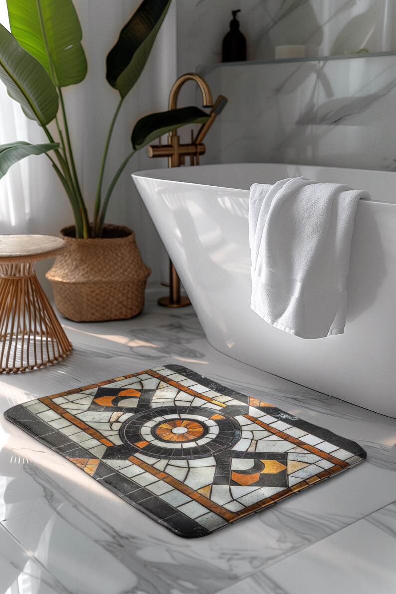 Art Deco Bath Mat: Black Onyx & Tiger Eye Marble Tile Design - Etsy