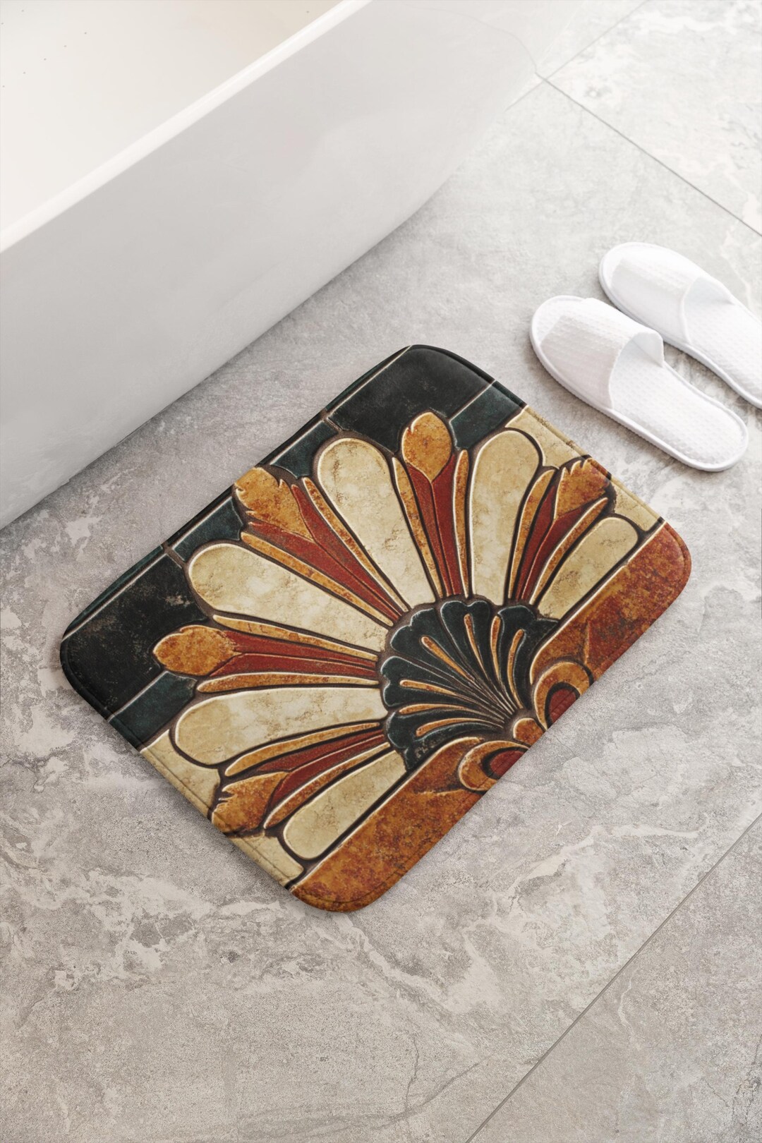 Art Deco Bath Mat: Black Onyx Marble & Terracotta Brown, Memory Foam - Etsy
