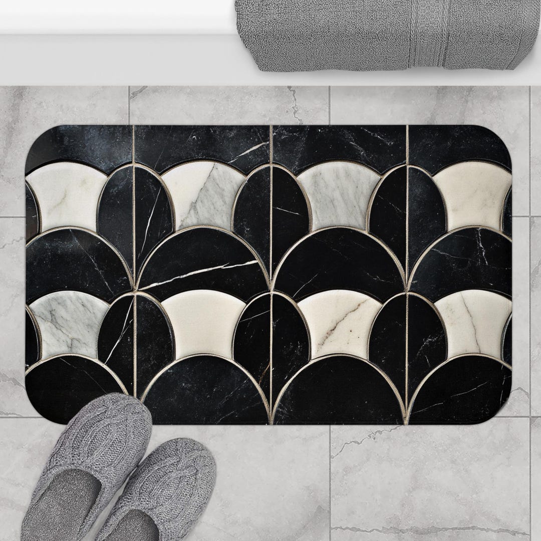 Art Deco Marble Bath Mat | Black White Geometric Rug | Anti-slip Memory ...