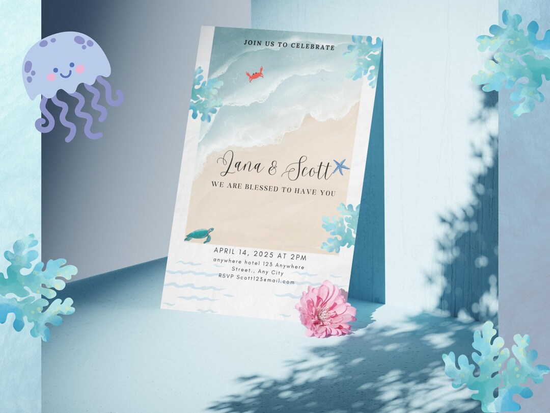 Blue Sea Beach Wedding Invitation, Blue Beach Wedding Invitation, Sea ...