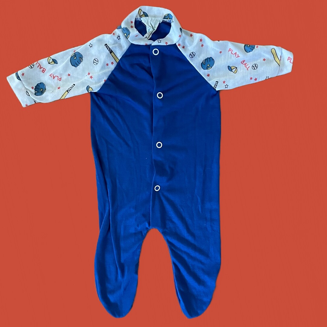 1980s Blue and White Vintage Blue Baby Baseball Snap up Soft Retro ...