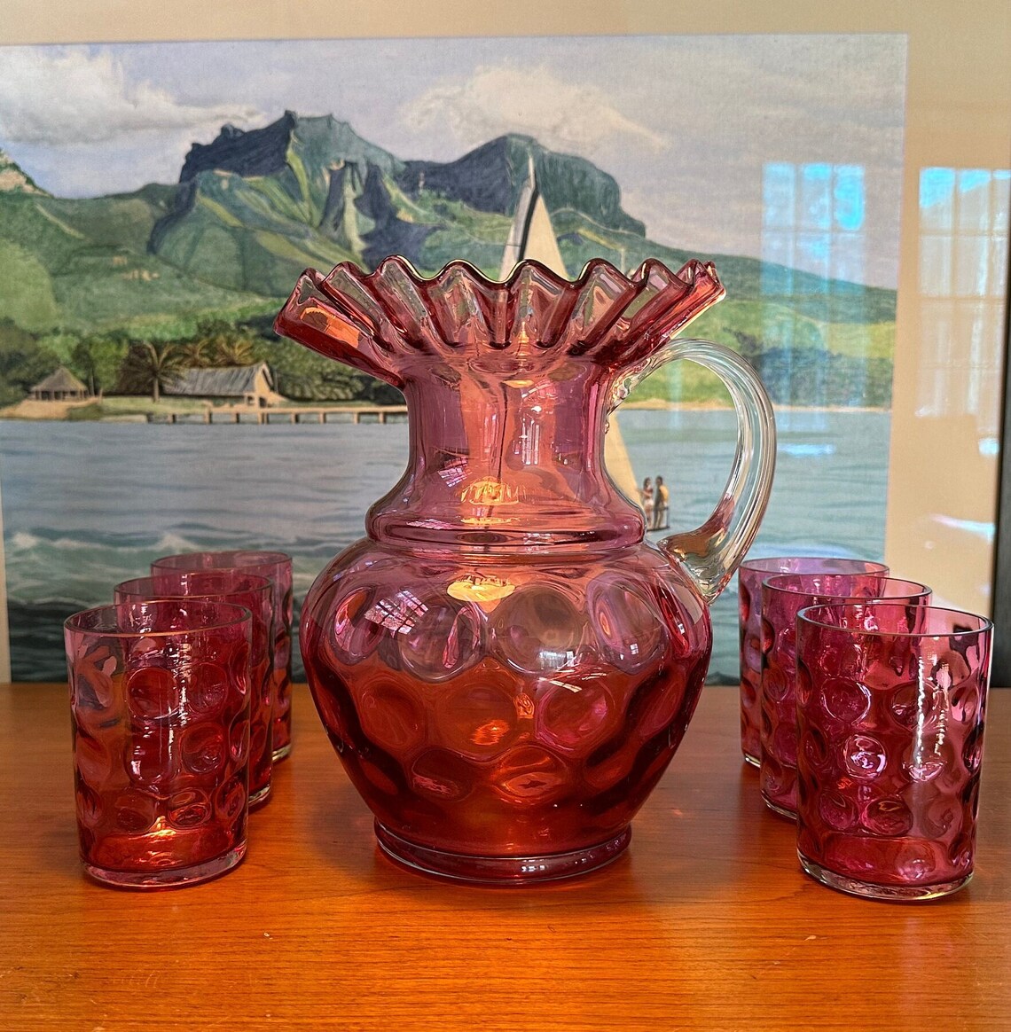 Vintage Fenton Cranberry Optical Coin Dot Pitcher and Tumbler Set - Etsy
