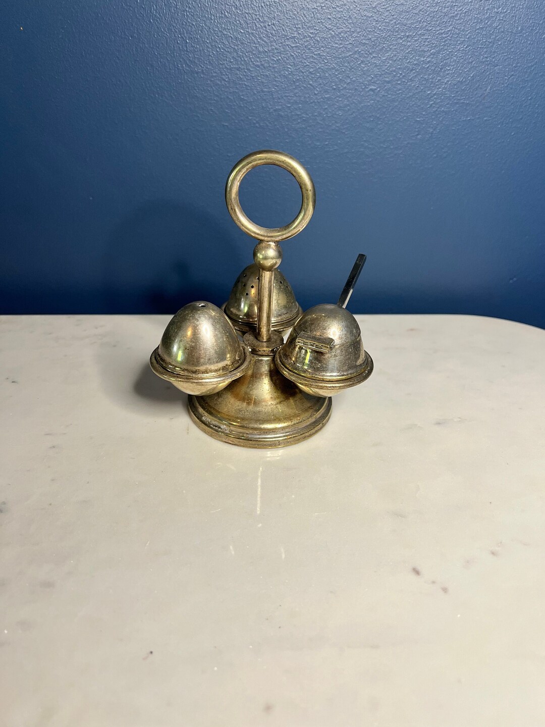 Vintage EPNS England Silver Condiment Cellar Set With Cobalt Blue Glass ...