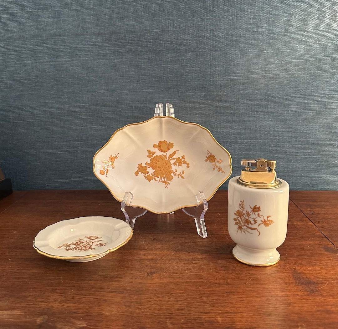 Vintage Limoges Gold Rose Porcelain Cigarette / Tobacco Set Including ...