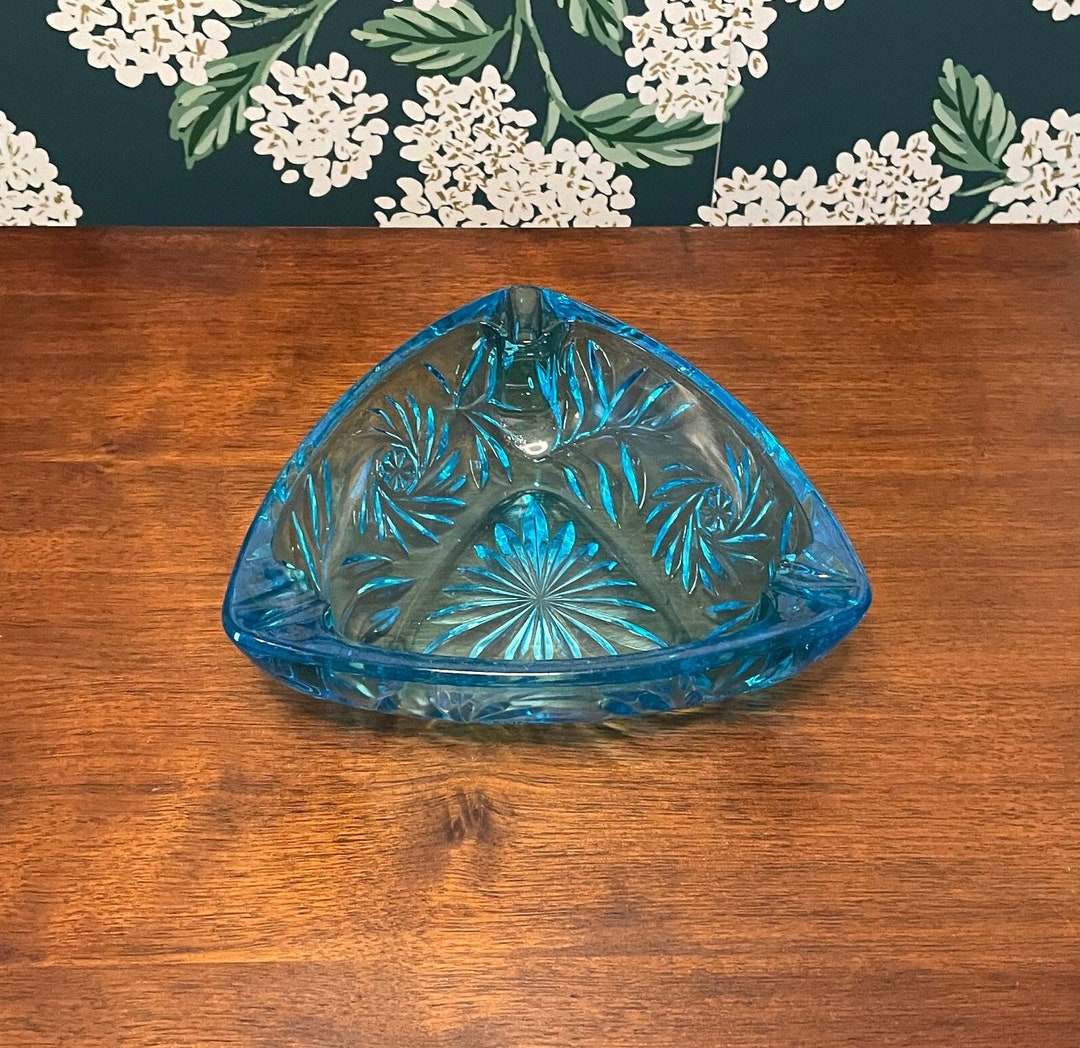 Heavy Mid Century Turquoise Hazel Atlas Cut Glass Catchall / Ashtray ...