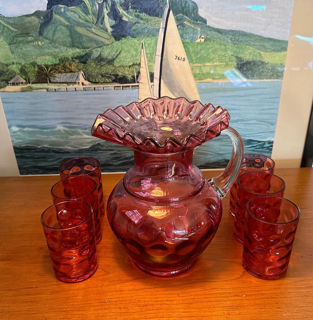 Vintage Fenton Cranberry Optical Coin Dot Pitcher and Tumbler Set - Etsy