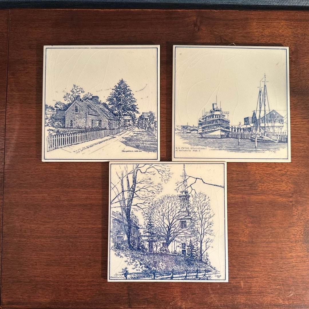 Vintage Blue and White Souvenir Tiles From Provincetown, Cape Cod ...