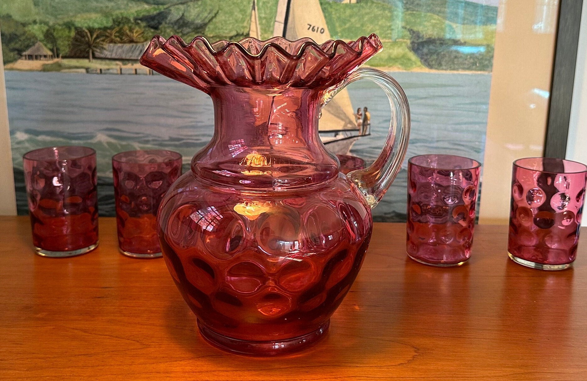 Vintage Fenton Cranberry Optical Coin Dot Pitcher and Tumbler Set - Etsy