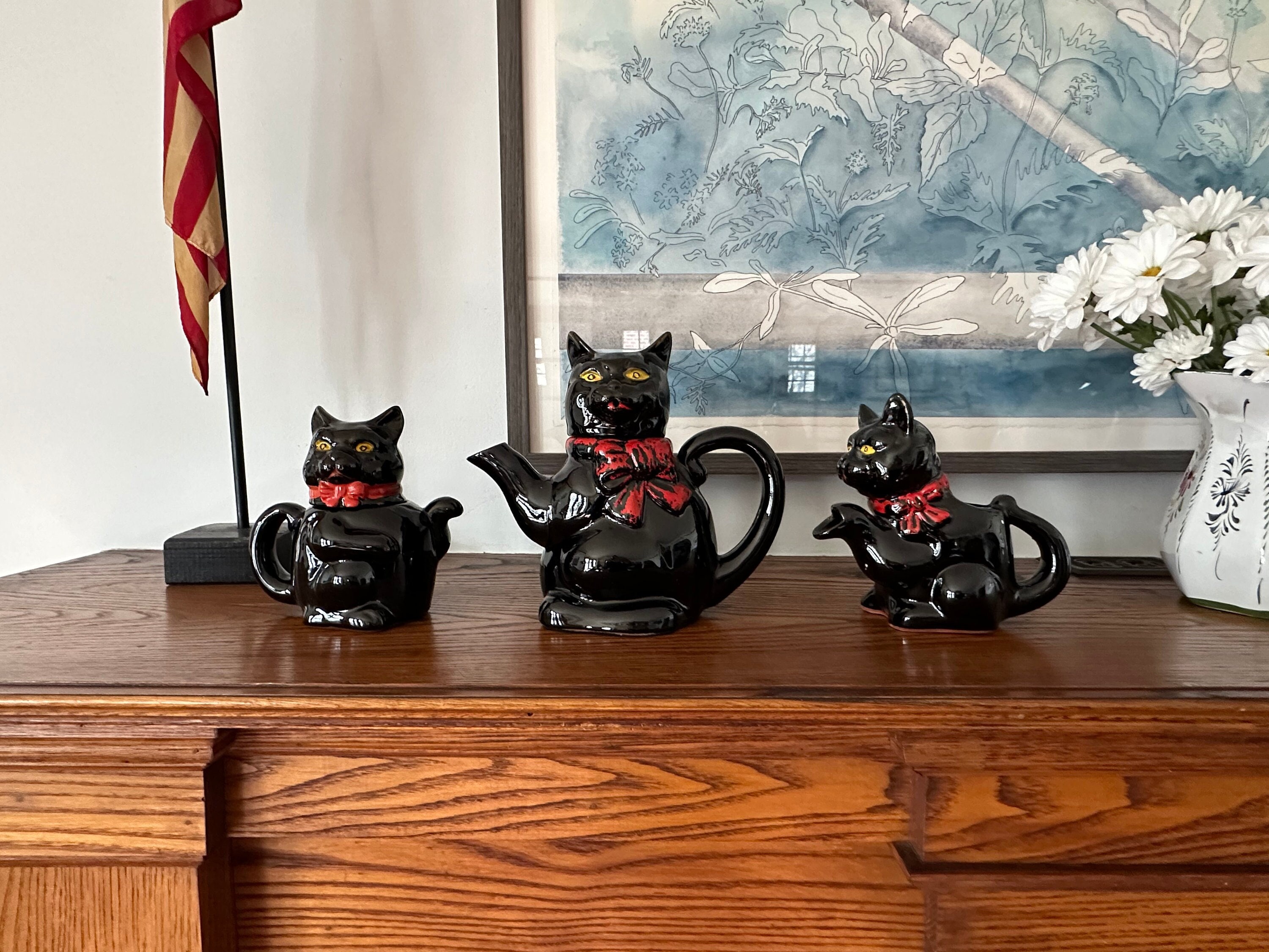 Complete Vintage Black Cat Tea Set, Including Kettle, Creamer and Sugar ...