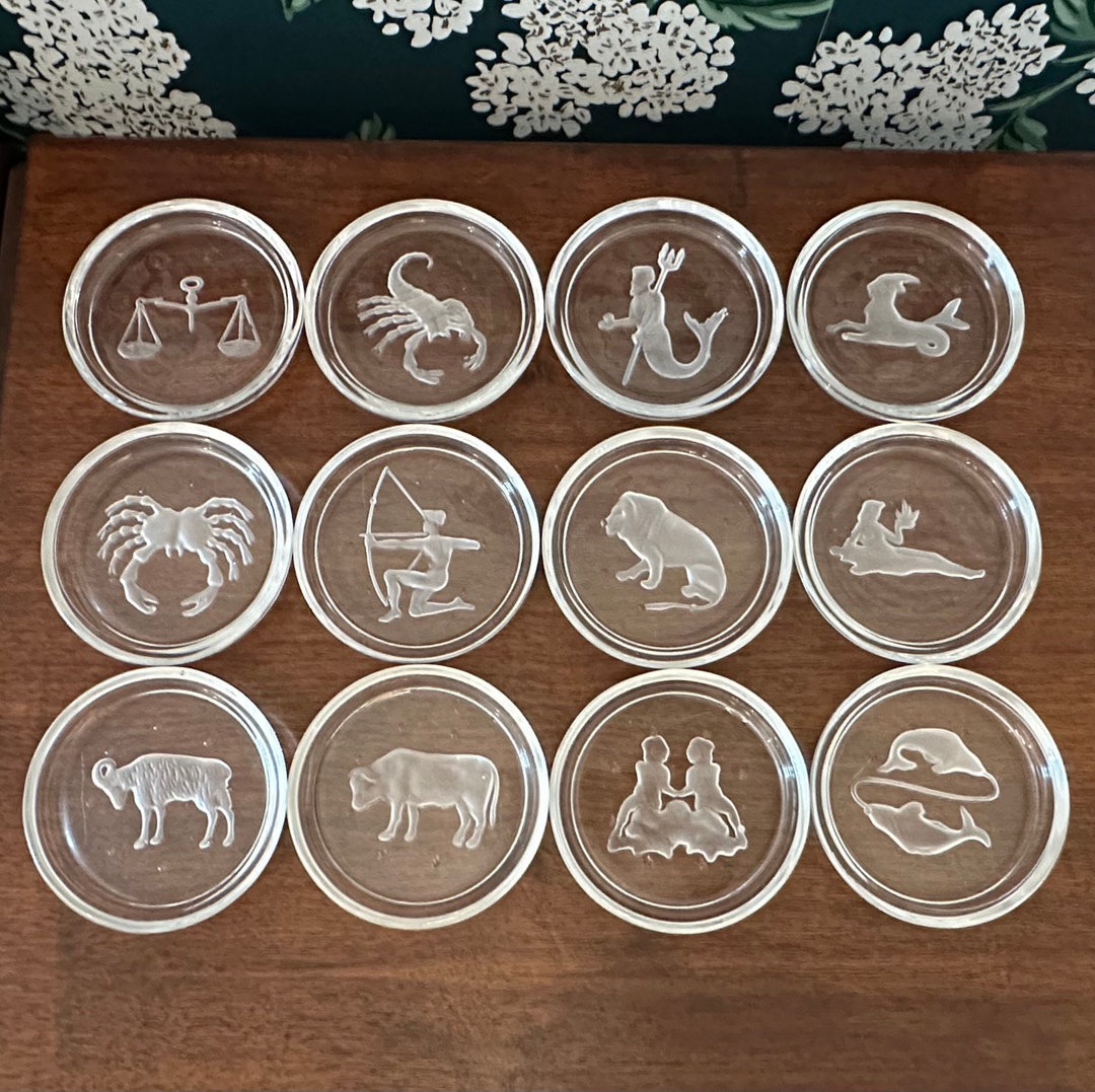 Full Set of 12 Vintage Val St. Lambert Frosted Crystal Zodiac Coasters ...