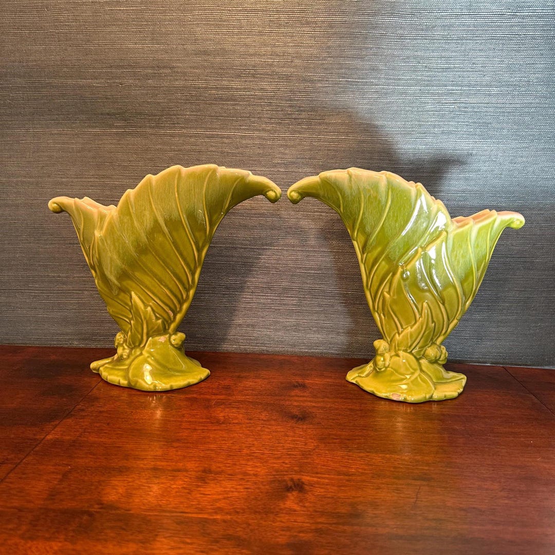 Vintage Pair of Royal Haeger R 301 Double Leaf Green Drip Vases—see ...