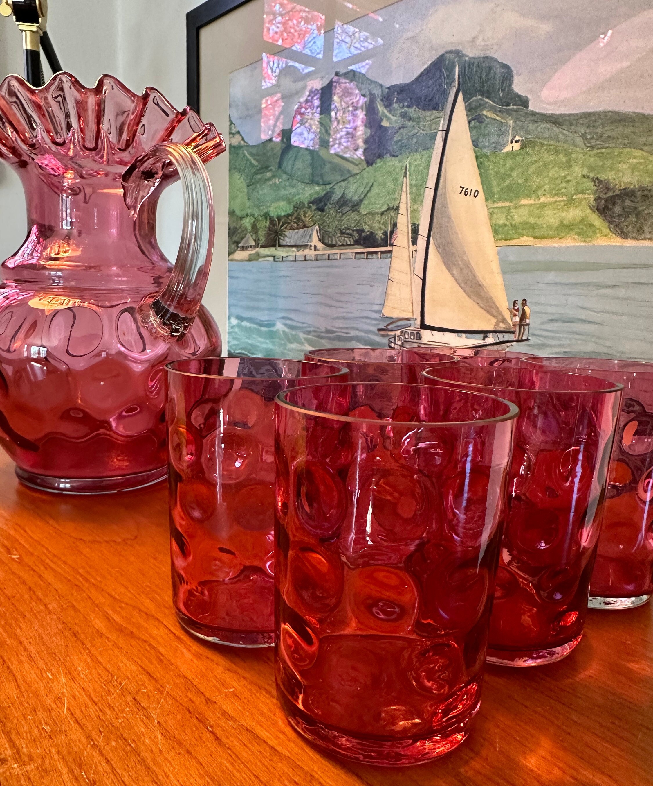 Vintage Fenton Cranberry Optical Coin Dot Pitcher and Tumbler Set - Etsy