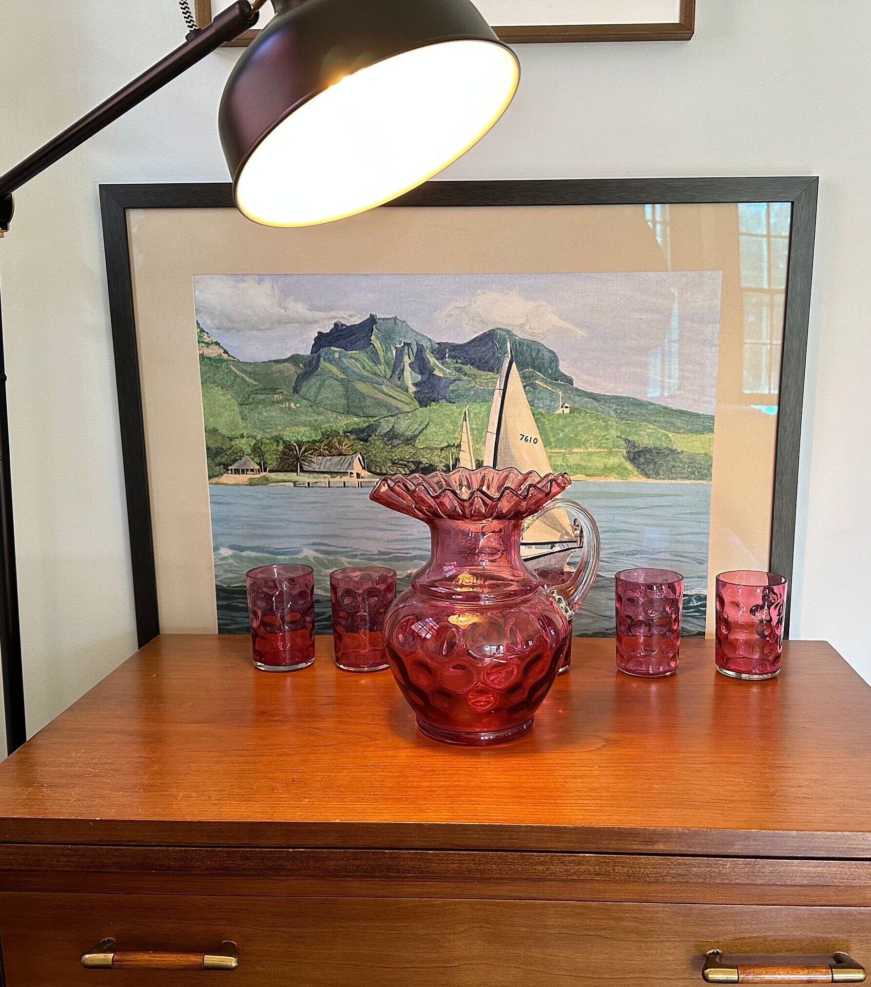 Vintage Fenton Cranberry Optical Coin Dot Pitcher and Tumbler Set - Etsy