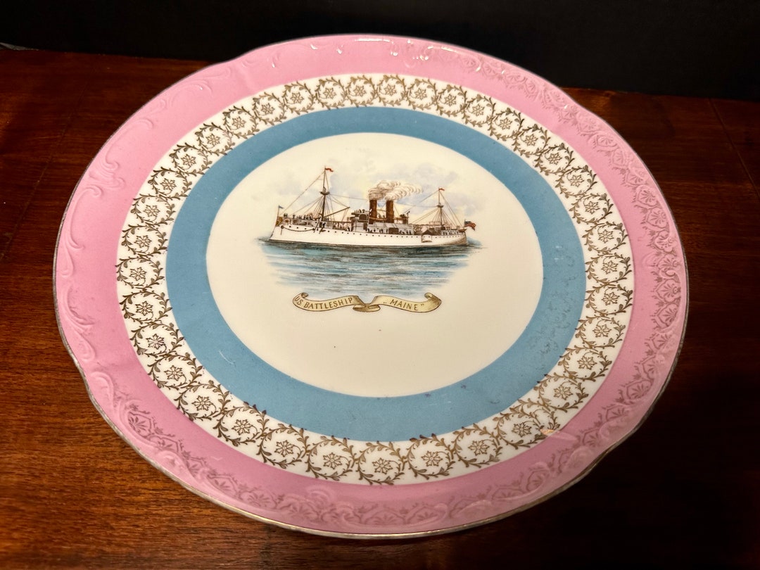 Large Antique Hand Painted Porcelain Battleship Maine Commemorative ...