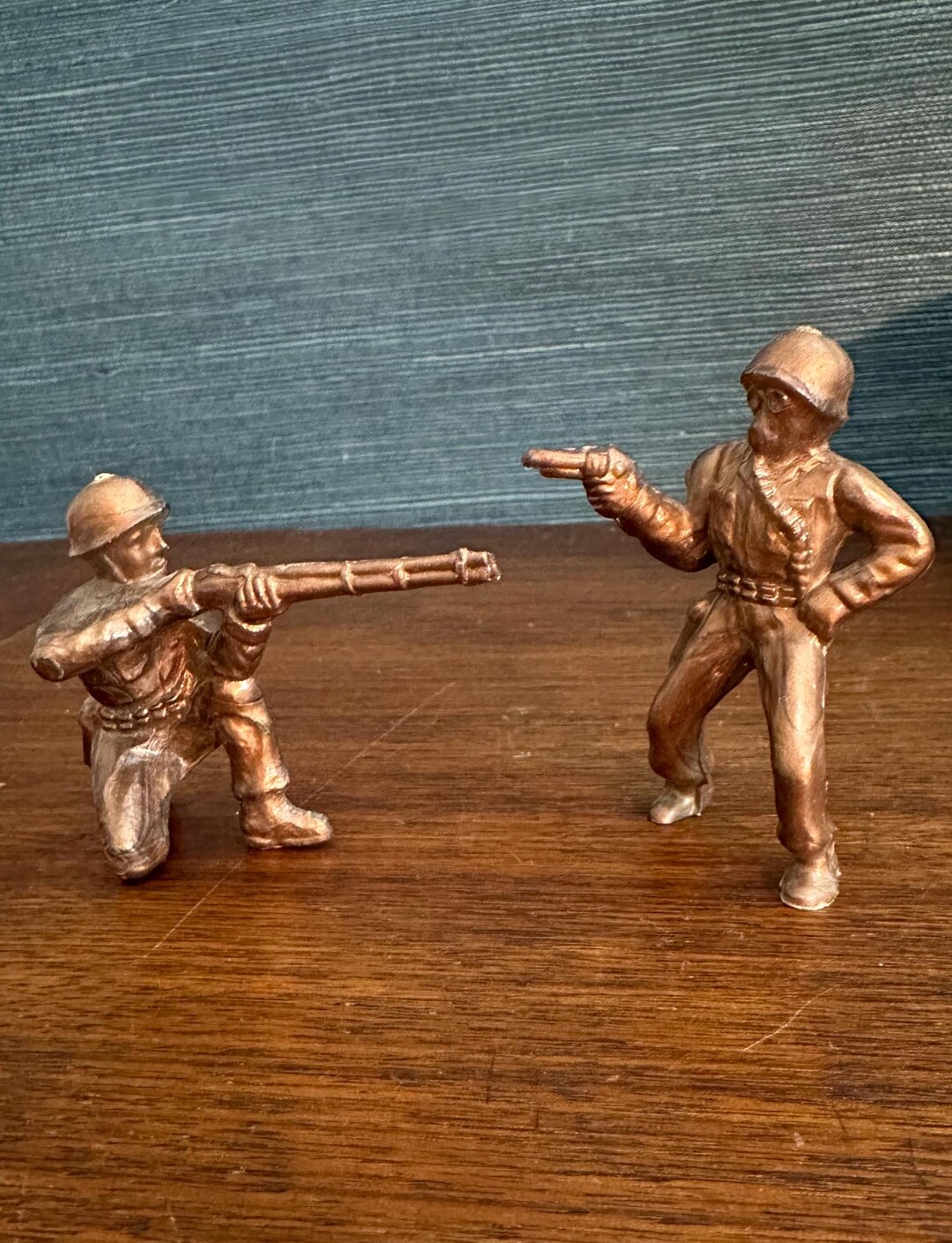 Vintage Copper Colored Plastic Artillery Men With Rifles and Gas Mask ...