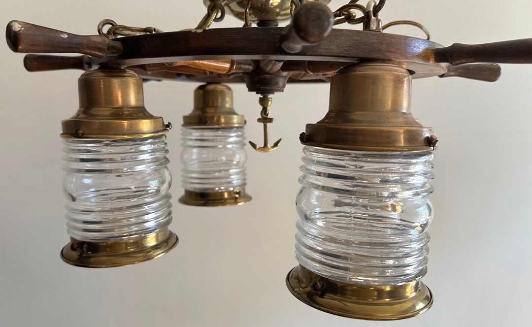 Vintage Wood, Brass, and Glass Ship's Helm Chandelier / Light Fixture ...