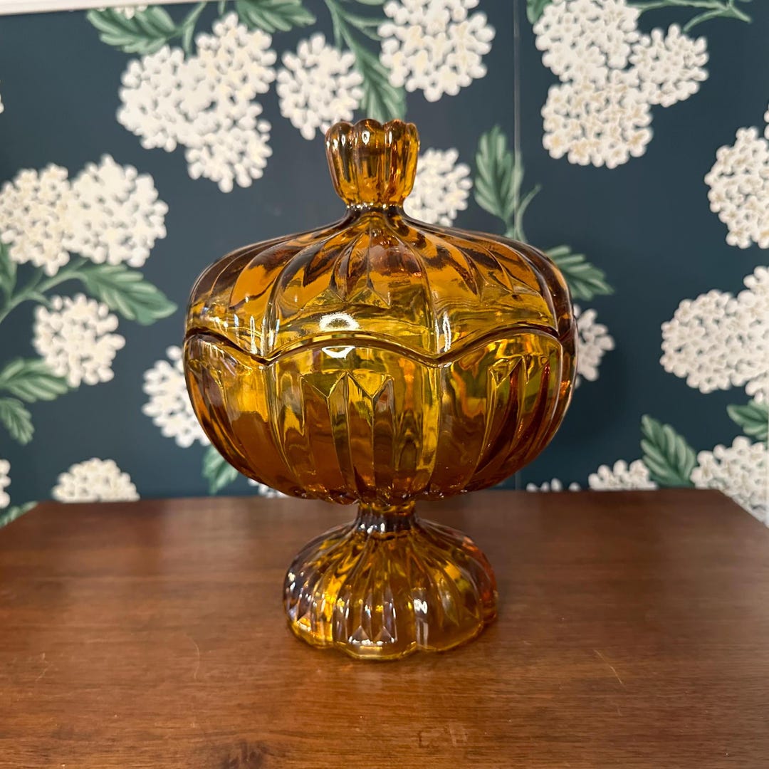 Vintage Amber Glass Covered Compote / Pedestal Candy Dish With ...