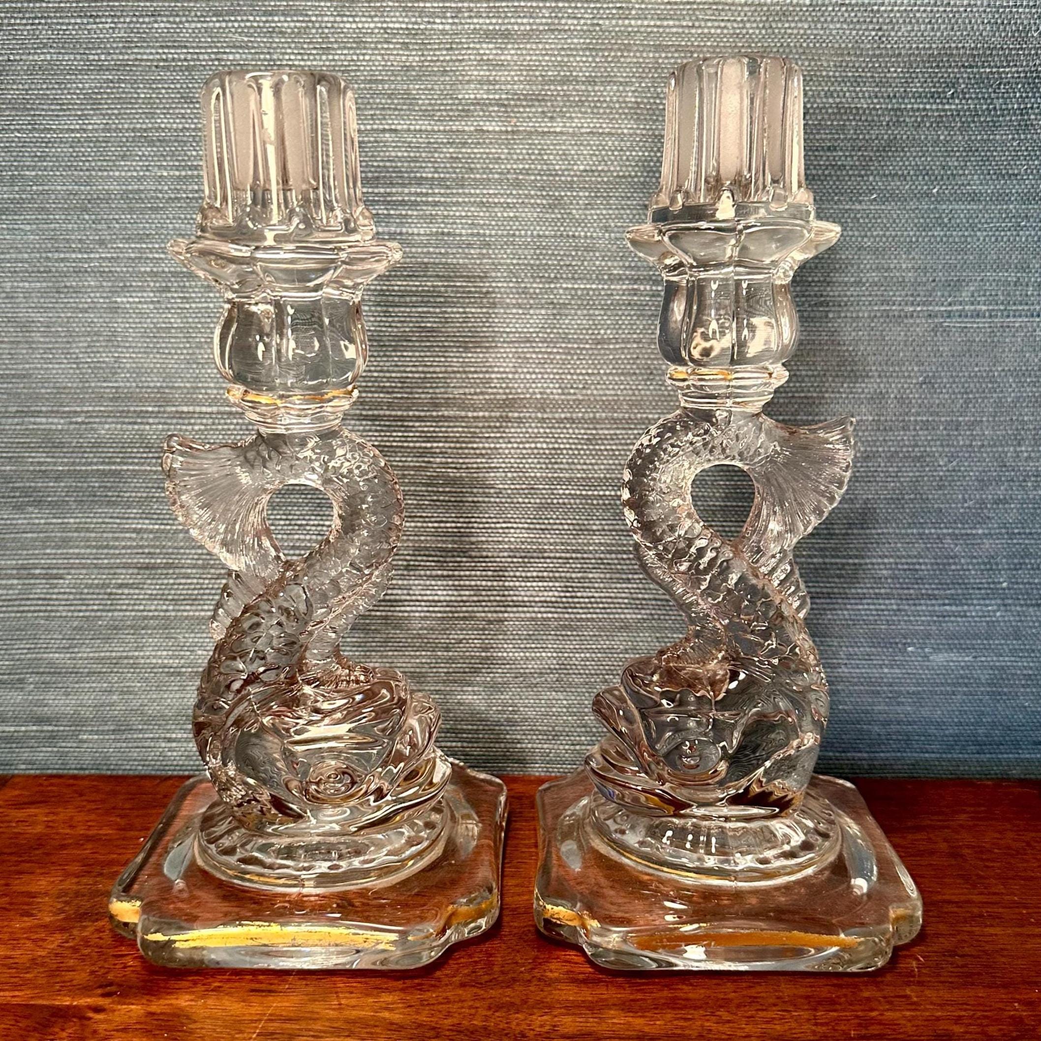 Vintage Pair of Cambridge Crown Clear Glass Dolphin Candlestick Holders ...