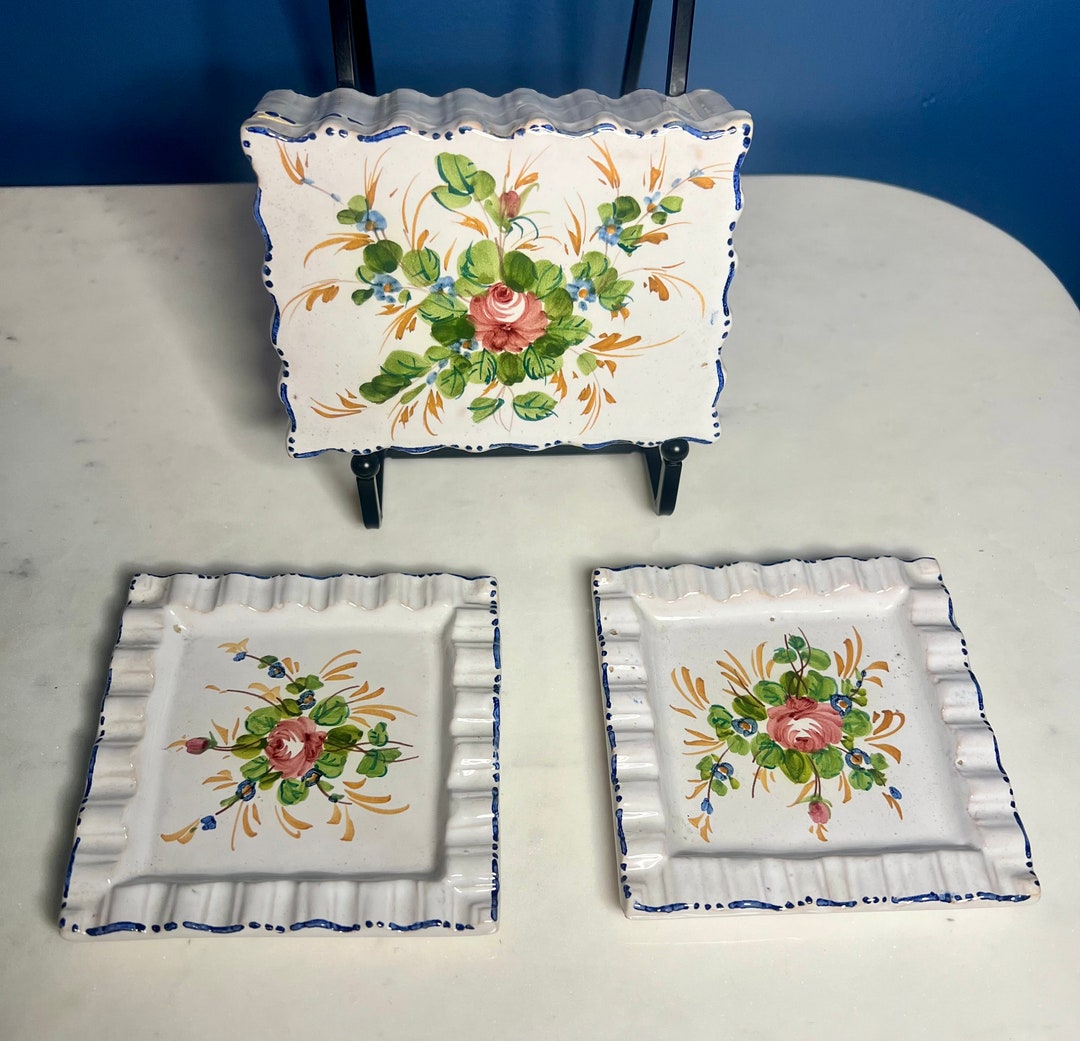 Vintage Hand Painted Floral Ceramic Trinket Box and (2) Matching ...