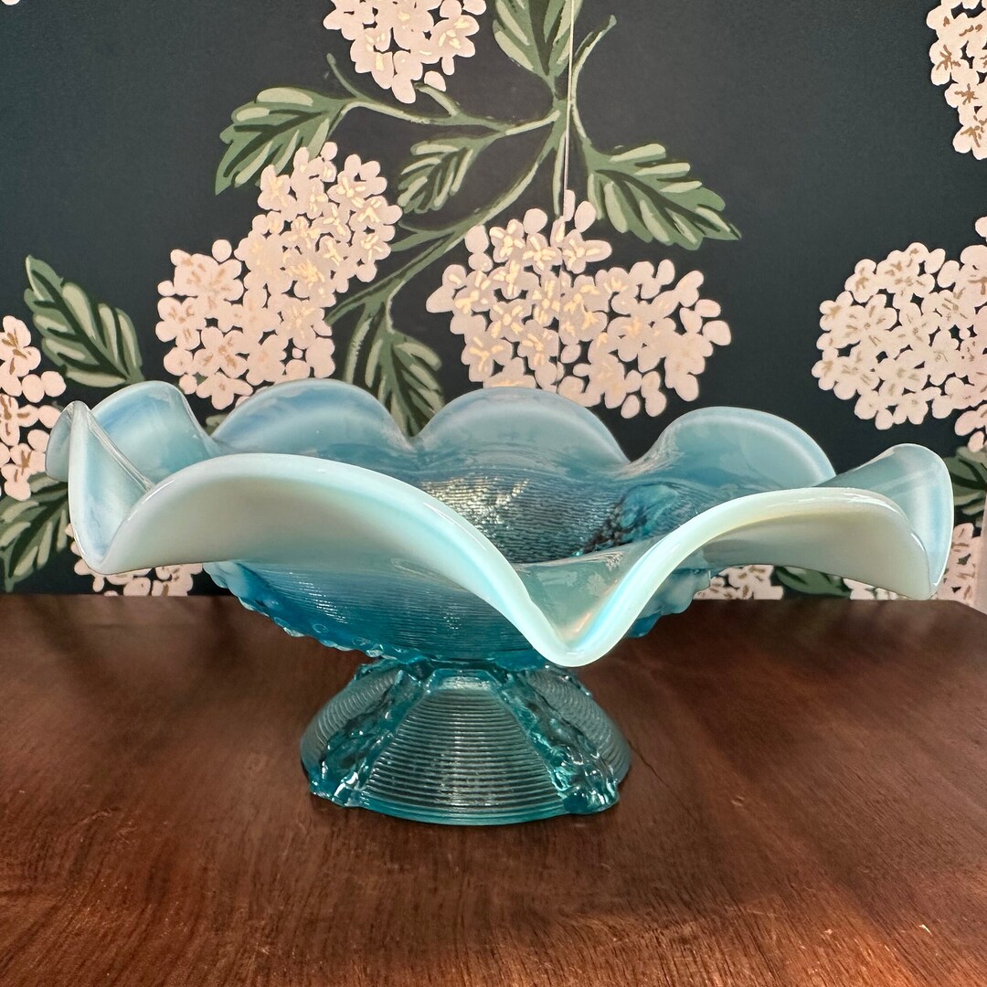 Antique Northwood Blue Opalescent Button Panel Ruffled Edge Footed Bowl ...