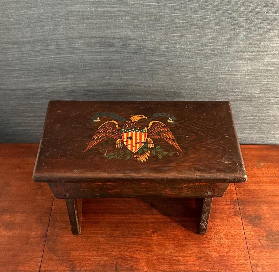 Vintage Solid Wood Rustic Farm House Foot Stool With American Eagle and ...