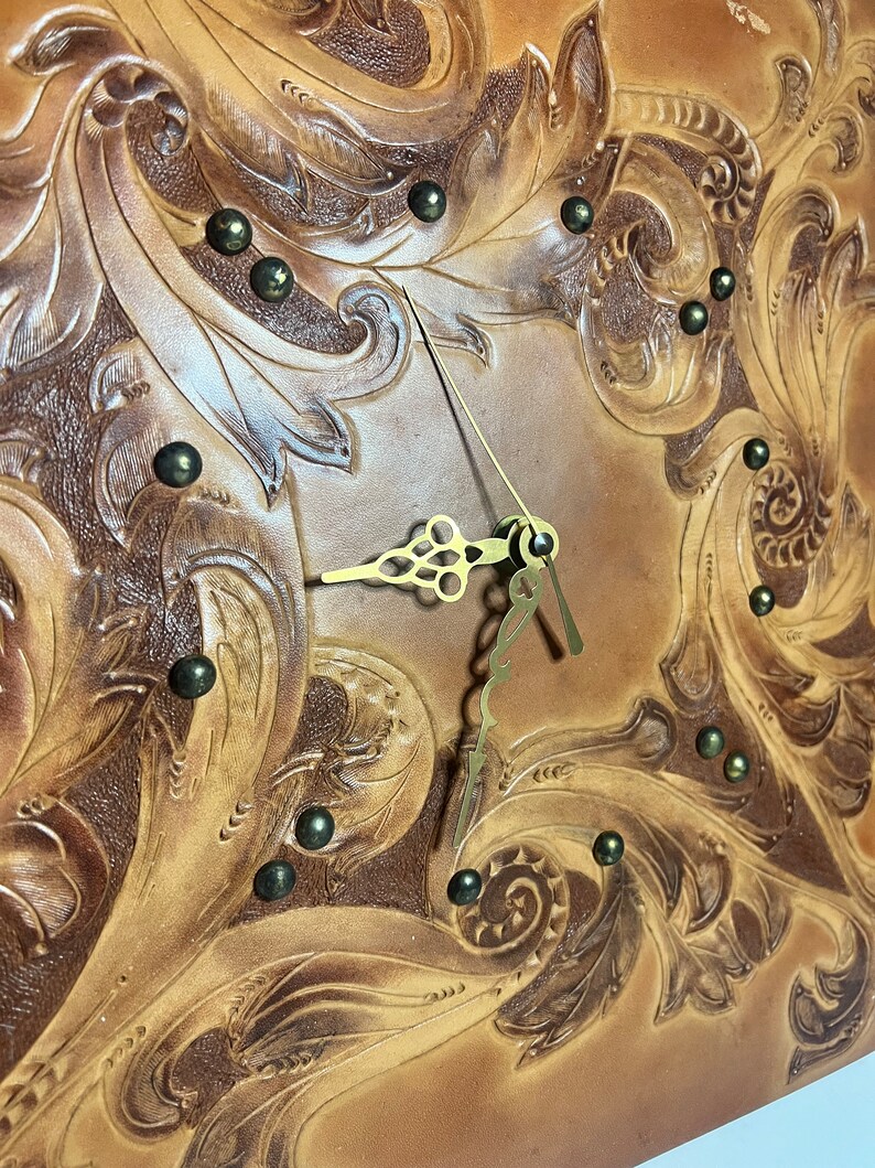 Midcentury Hand-tooled Leather Clock - Etsy