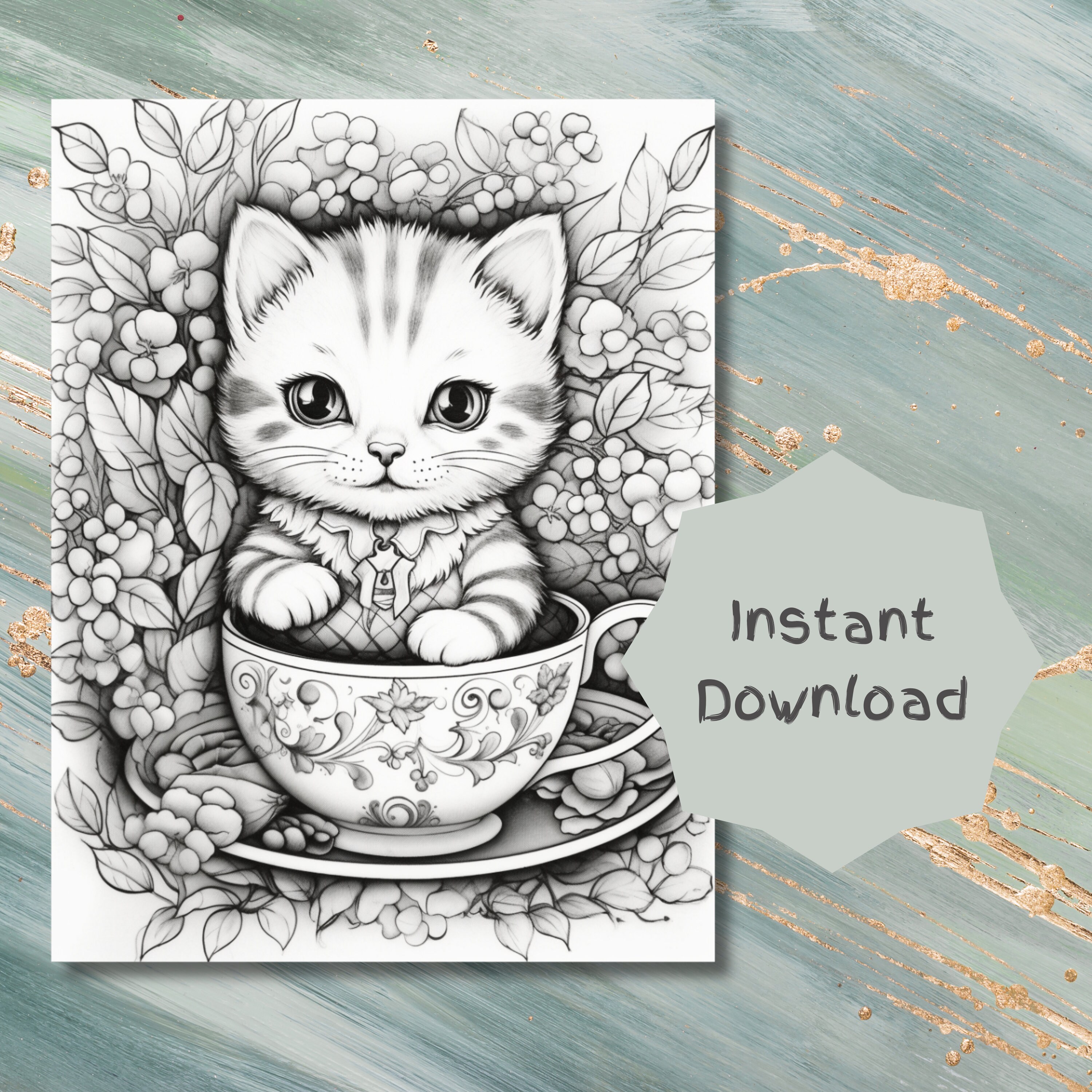 Cat in A Tea Cup || Animal Coloring Page - Etsy