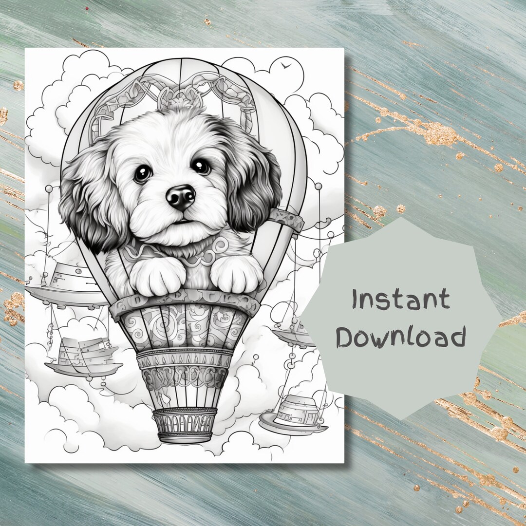 Cut Dog in A Hot Air Balloon || Animal Coloring Page - Etsy