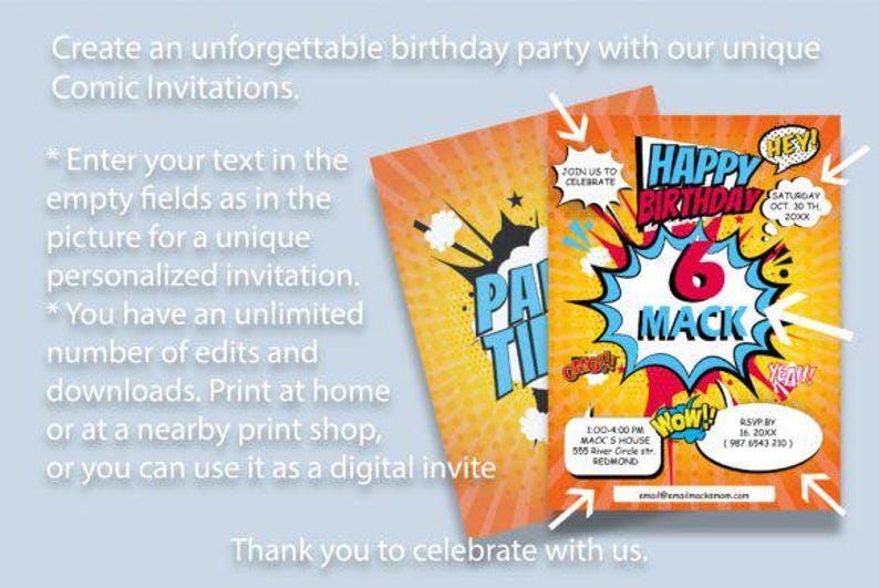 Comic Birthday Invitations - Etsy