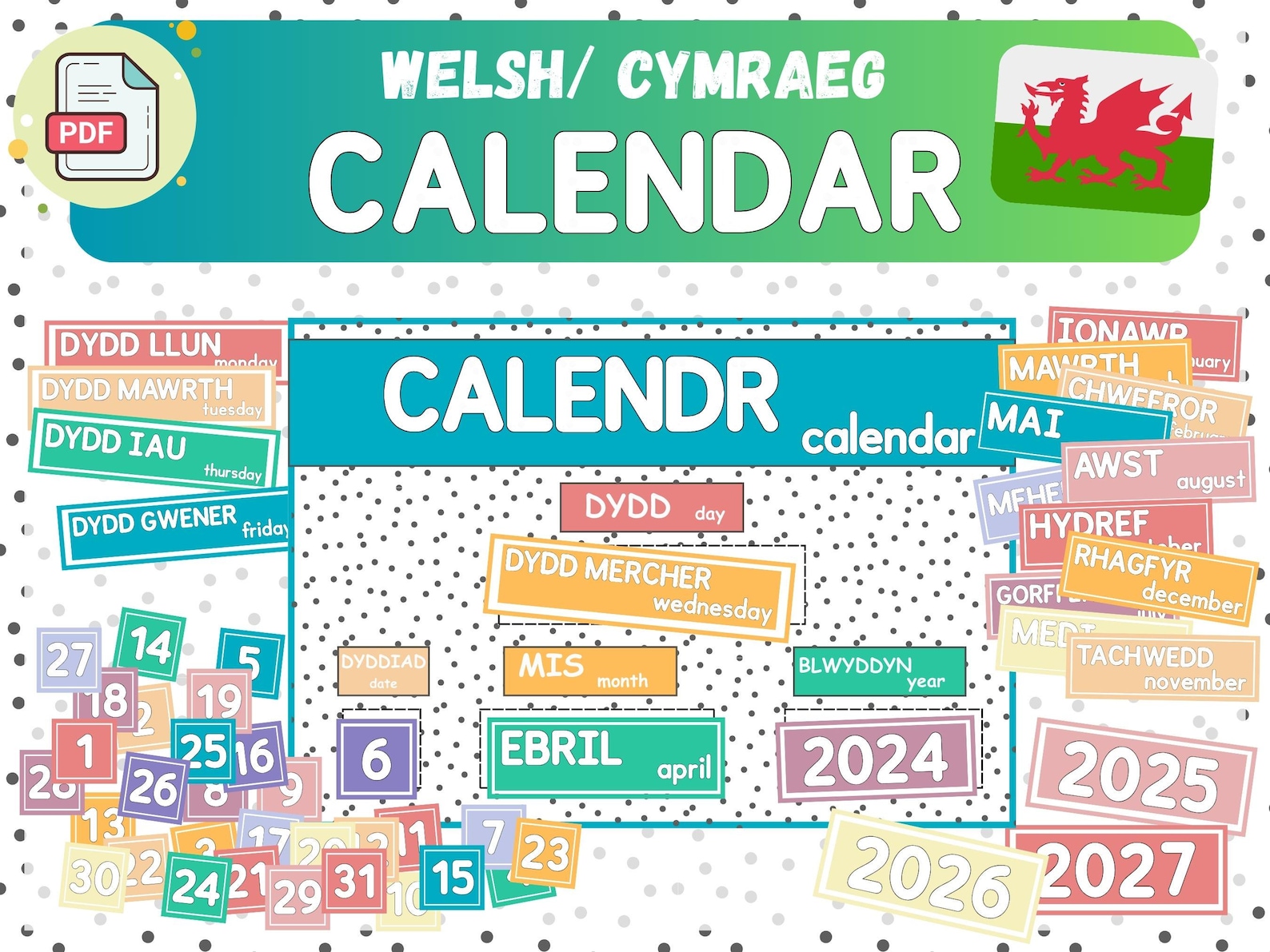 WELSH CYMRAEG Classroom Calendar Chart, Interactive Learning Bulletin ...