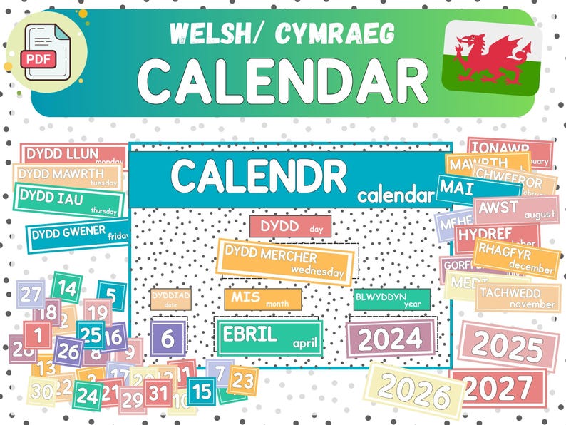 WELSH CYMRAEG Classroom Calendar Chart, Interactive Learning Bulletin ...