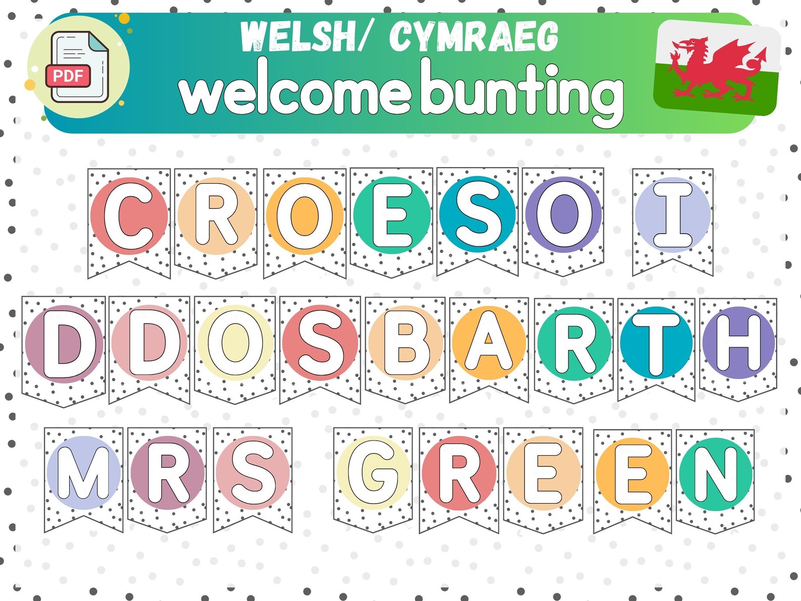 Welsh Cymraeg Bulletin Board Welcome and Teacher Name Bunting ...