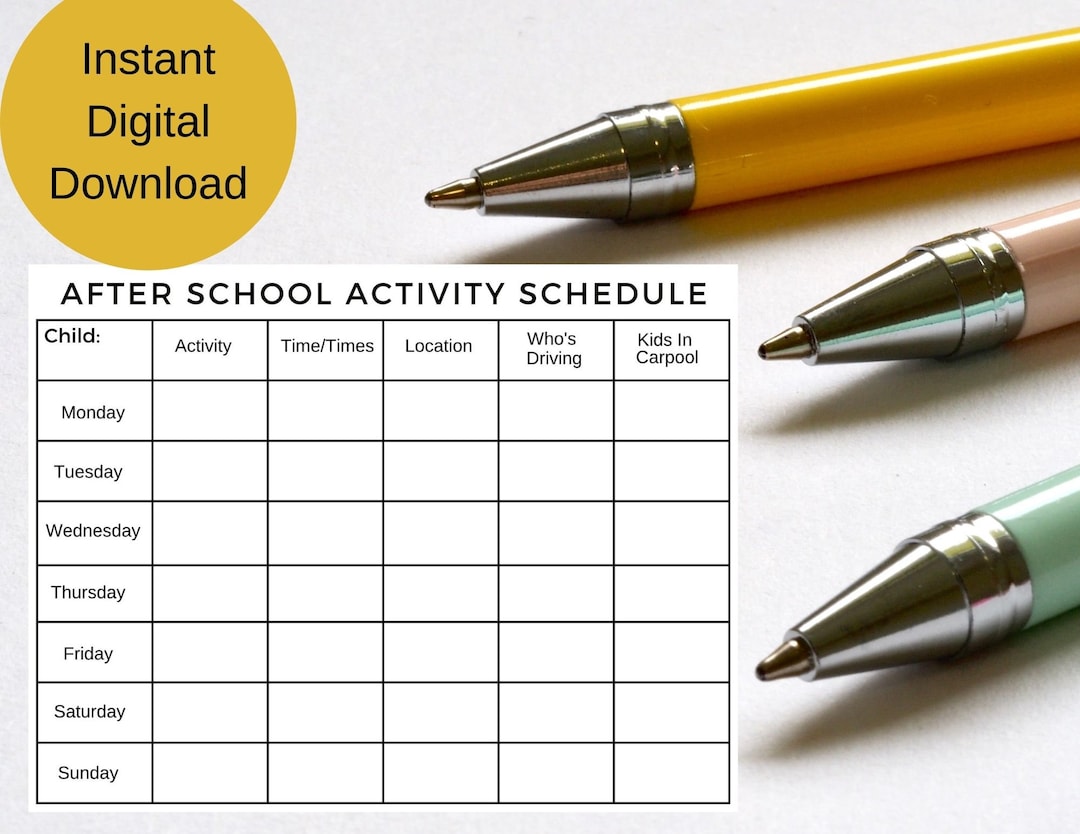 After School Activity Schedule Printable. Instant Digital Download. - Etsy