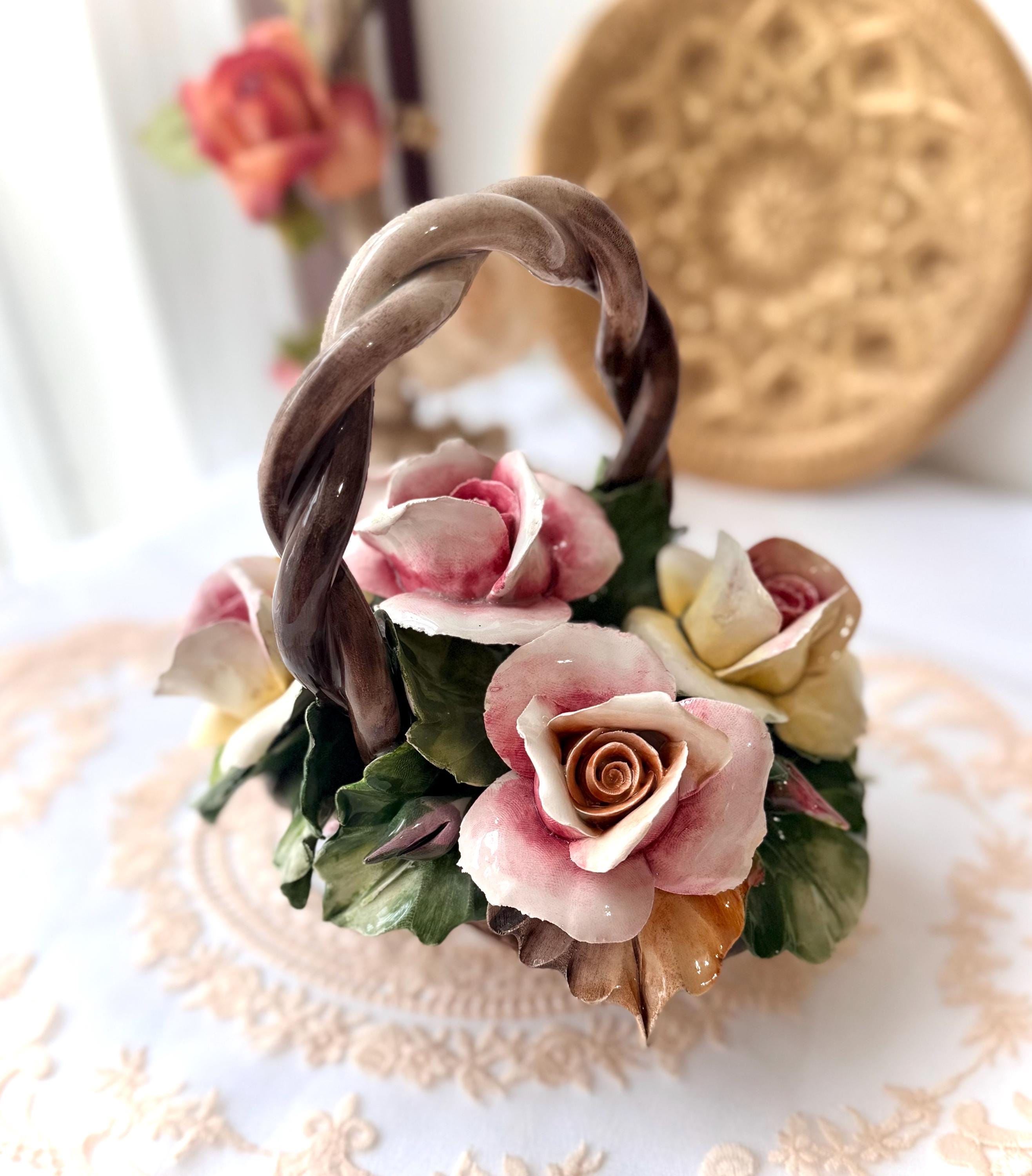 Vintage Capodimonte Porcelain Flower Basket, Pink & Yellow Roses - Etsy