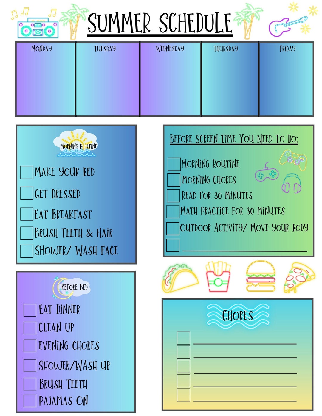 Digital Download-summer Schedule for Kids/tweens- Neon Blue Theme ...