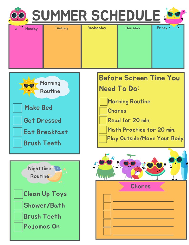 Digital Download-summer Schedule for Kids- Summer Fruit Theme-printable ...