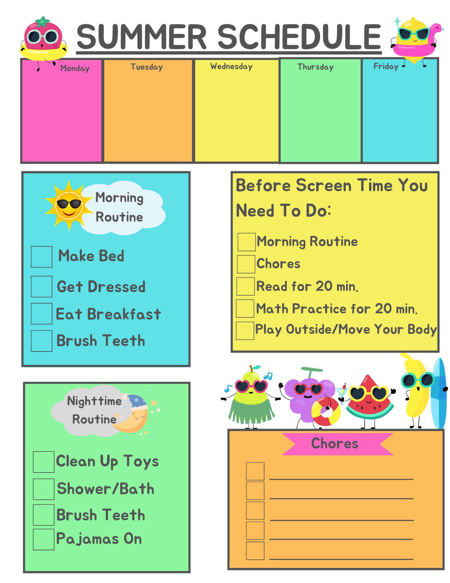 Digital Download-summer Schedule for Kids- Summer Fruit Theme-printable ...