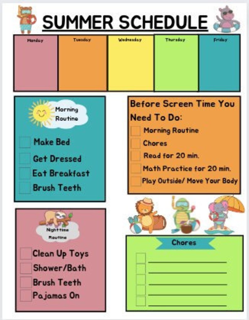 Digital Download-summer Schedule for Kids- Animal Theme-printable ...