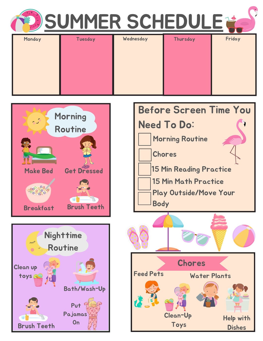 Digital Download-summer Schedule for Kids- Preschooler Pink Theme ...