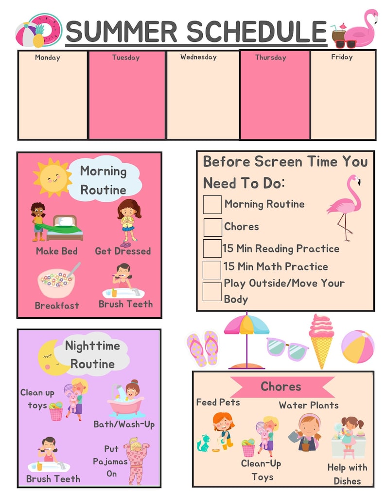 Digital Download-summer Schedule for Kids- Preschooler Pink Theme ...