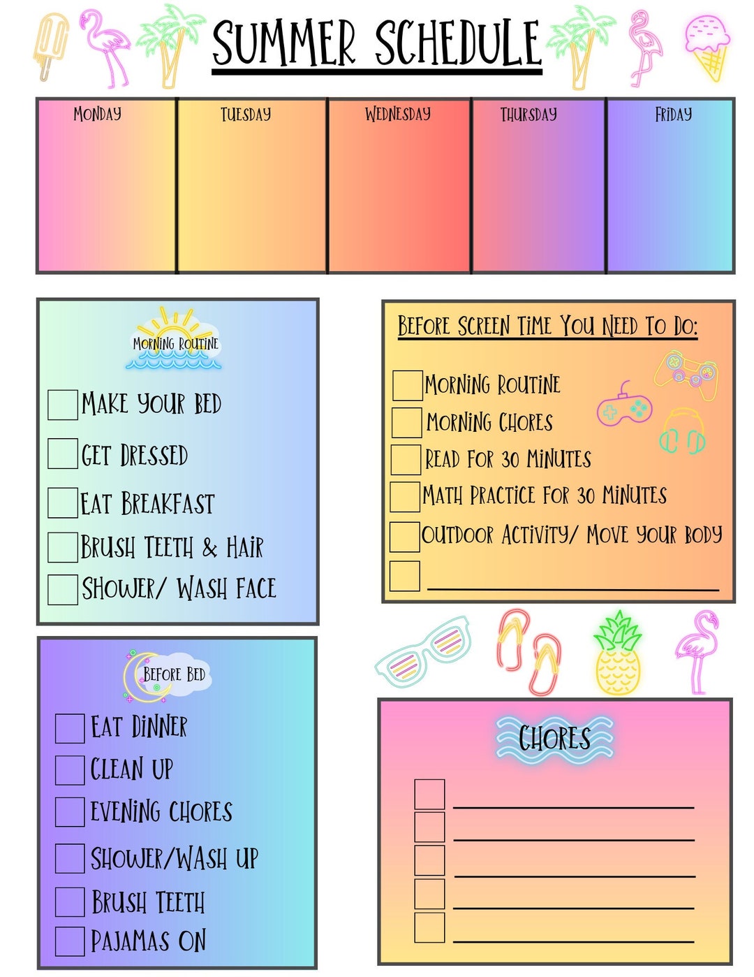 Digital Download-summer Schedule for Kids, Tweens- Neon Theme-printable ...