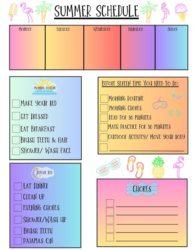 Digital Download-summer Schedule for Kids, Tweens- Neon Theme-printable ...